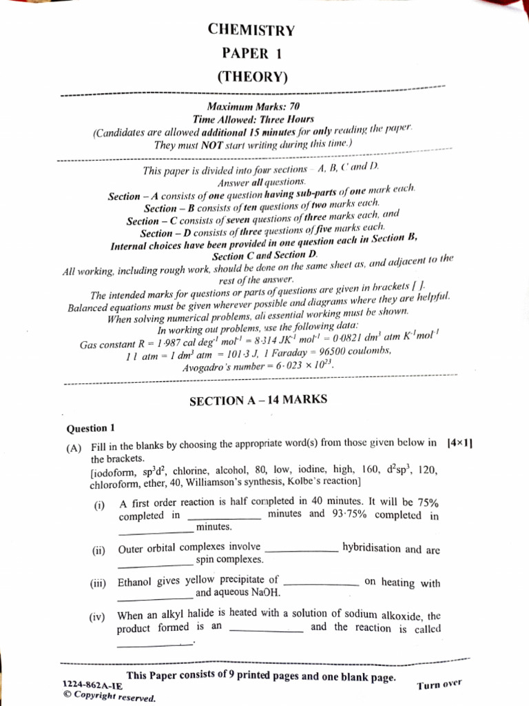 ISC Chemistry Improvement Paper | PDF