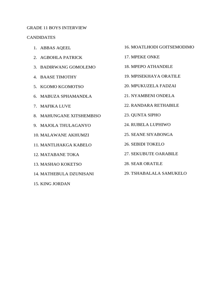 Grade 11 Interview Candidates List | PDF
