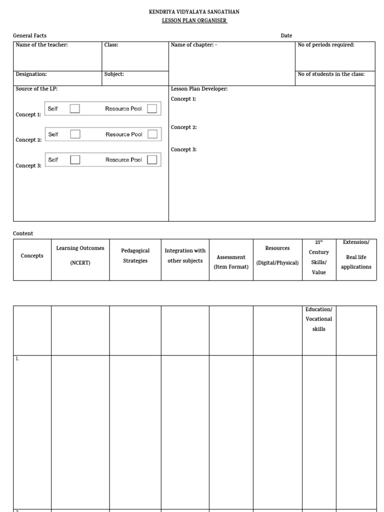 KVS - Lesson Plan Organiser Format | PDF | Teachers | Lesson Plan