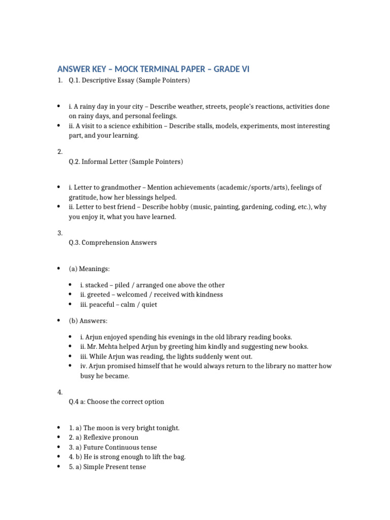 Grade VI Mock Terminal Exam Answer Key | PDF
