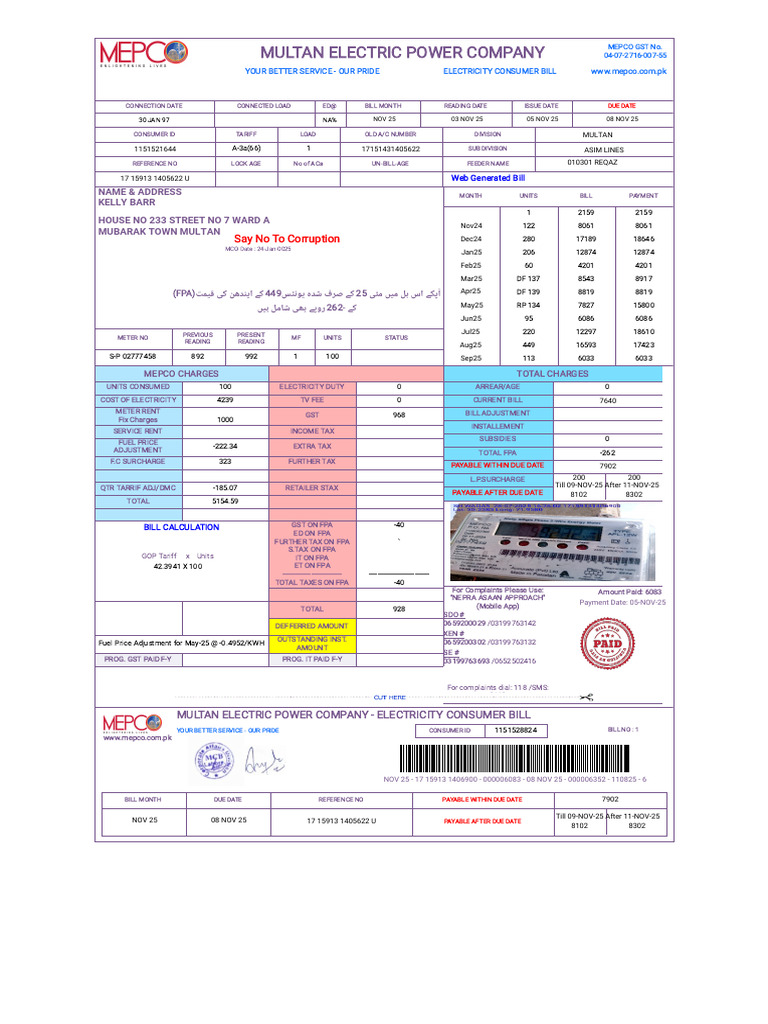 Mepco Online Bill | PDF | Taxes | Fee