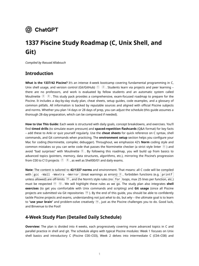 1337 Piscine Study Roadmap (C, Unix Shell, And Git) | PDF | Pointer ...