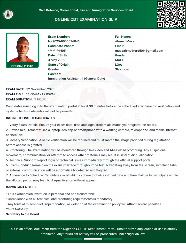 AHMED MUSA Application Slip | PDF