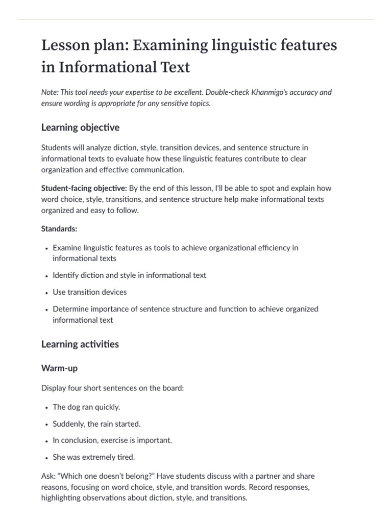 Lesson Plan - Khan Academy - Linguistic Features | PDF | Syntax ...