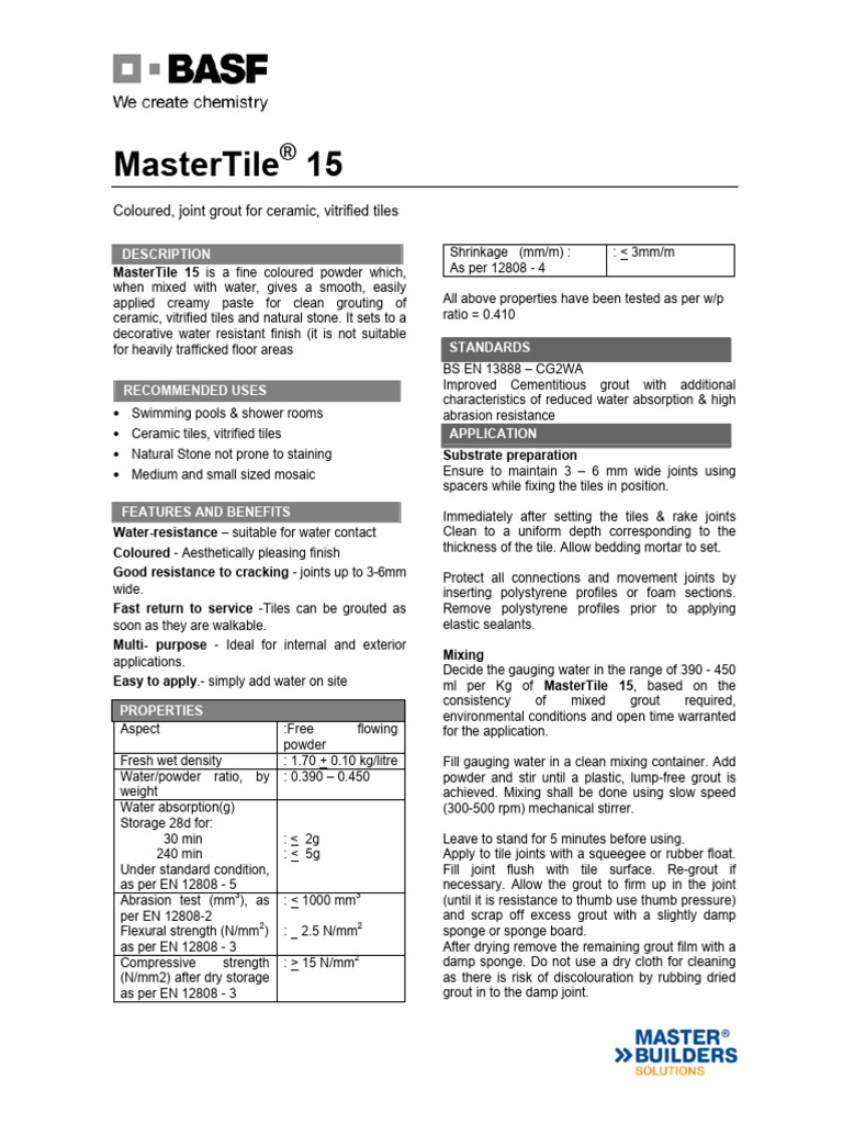 Basf Mastertile 15 Tds | PDF | Tile | Materials