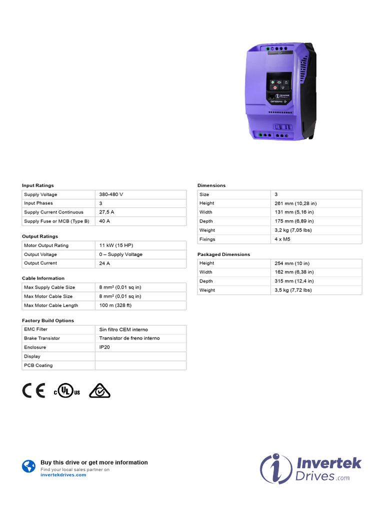 Optidrive E3 VFD 11 kW Datasheet | PDF