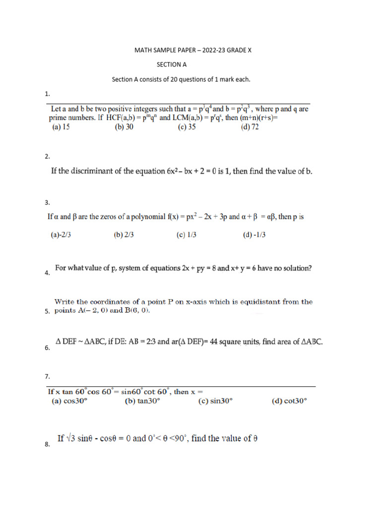 Grade X Math Sample Paper 2022-23 | PDF