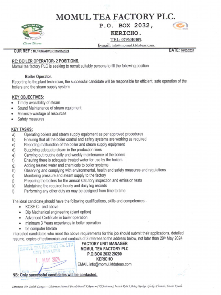 Boiler Operator Advert | PDF