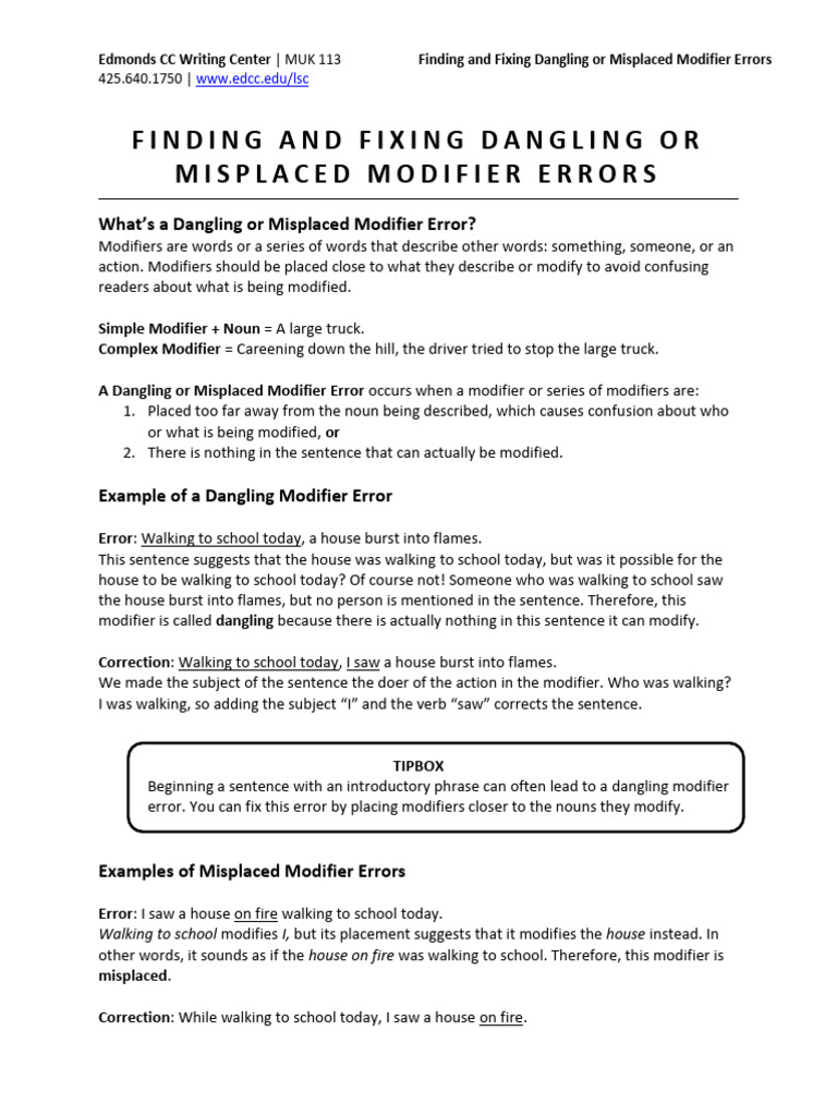 Modifiers - Dangling and MIsplaced NOTES and Activity | PDF | Language ...