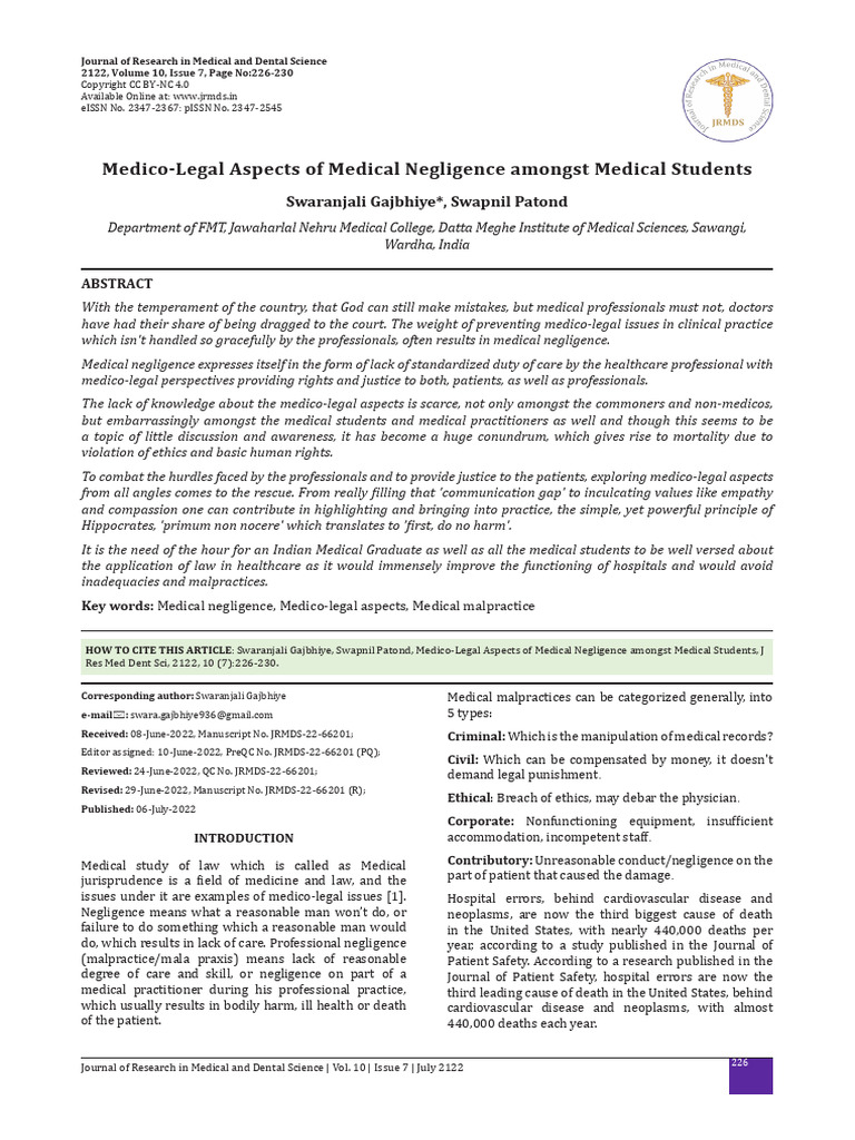 Medico-Legal Issues in Medical Negligence | PDF | Medical Error | Duty ...
