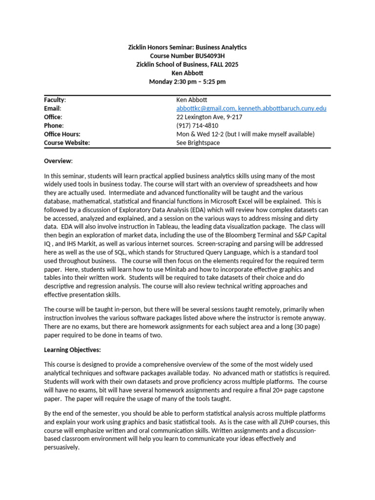 Business Analytics - Syllabus Bus4093h 2025 | PDF | Microsoft Excel | Data