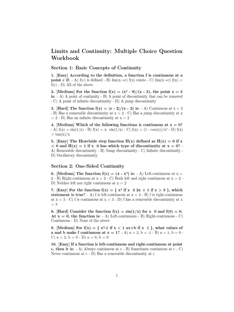 Limits and Continuity MCQ Workbook | PDF | Continuous Function ...