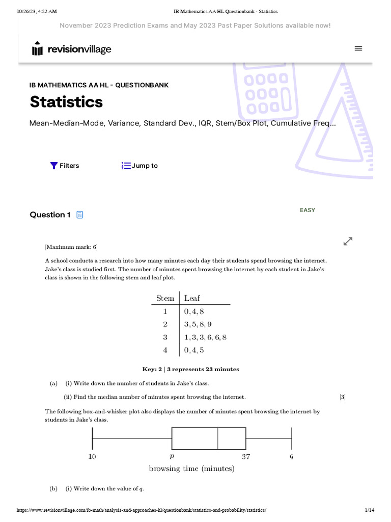 IB Math AA HL Statistics Questionbank | PDF | Mean | Median
