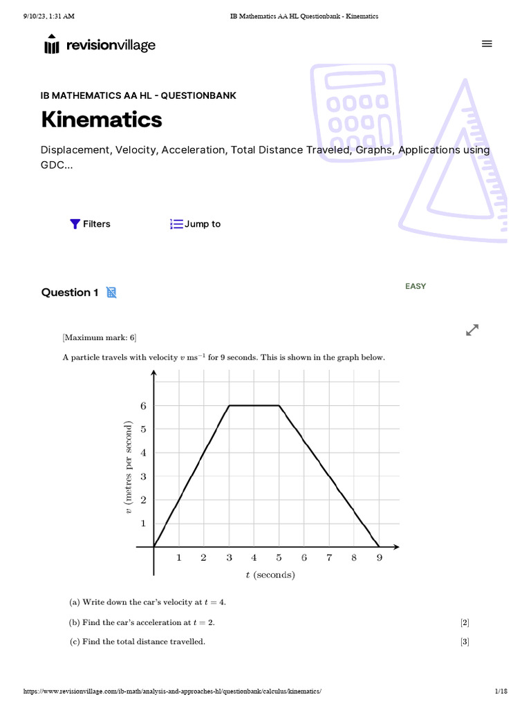 IB Math AA HL Kinematics Questionbank | PDF | Acceleration | Kinematics