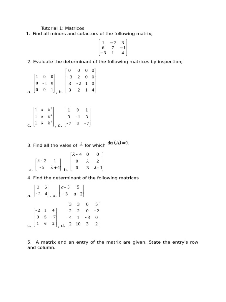 Tutorial 1 Matrices | PDF | Matrix (Mathematics) | System Of Linear Equations