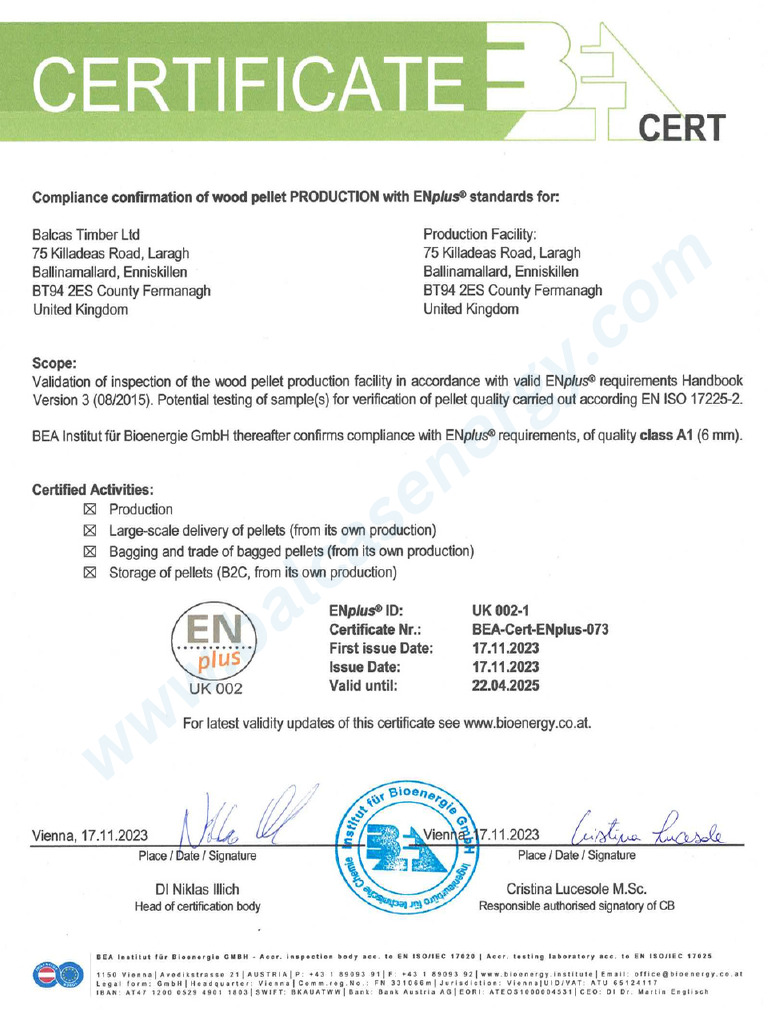 ENplus Pellet Producer Certificate Enniskillen | PDF