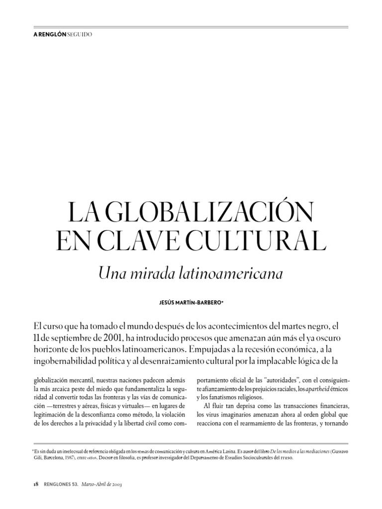Martin Barbero - La Globalización en Clave Cultural | PDF | Multiculturalismo | Globalización