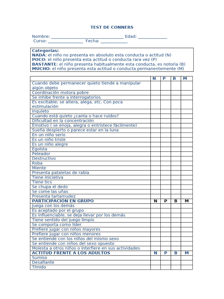 Test de Conners: Evaluación Infantil | PDF | Ciencias del ...