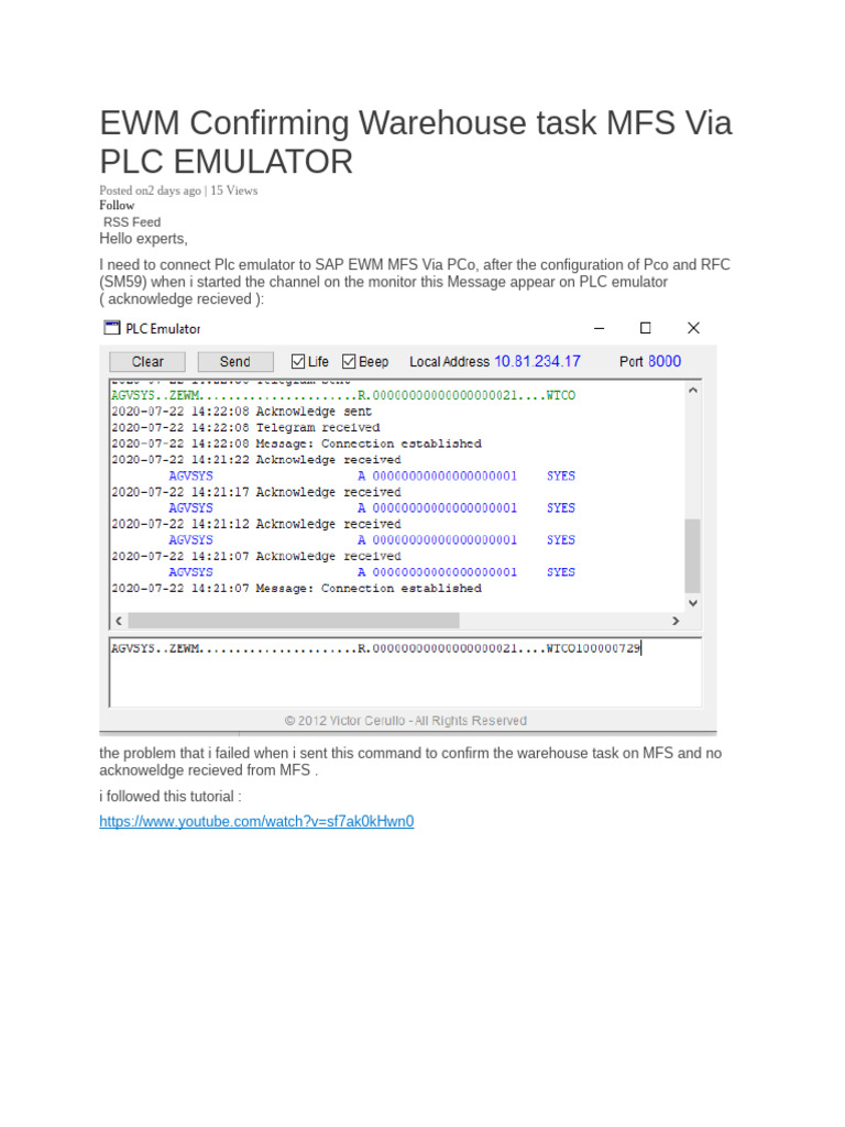 EWM Confirming Warehouse Task MFS via PLC EMULATOR | PDF