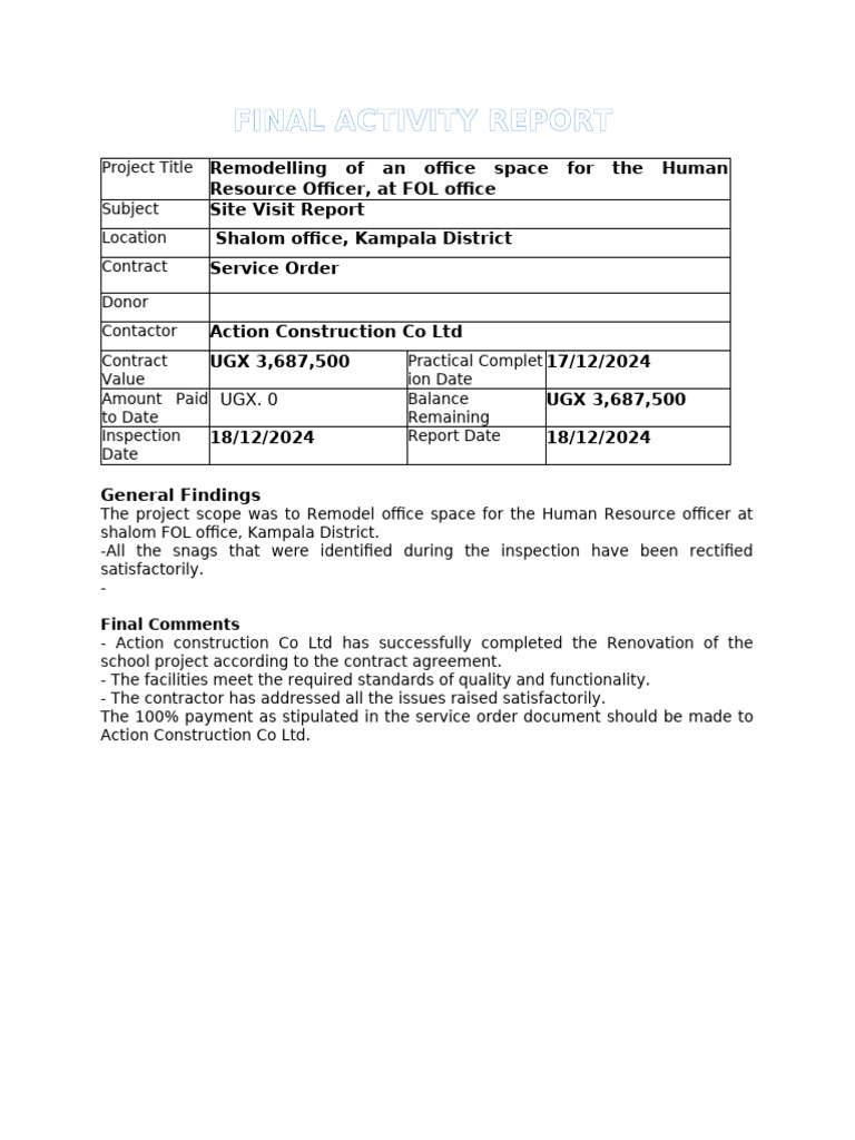 Final Inspection of Report - Remodeling Office For HR-Dec - 24 | PDF
