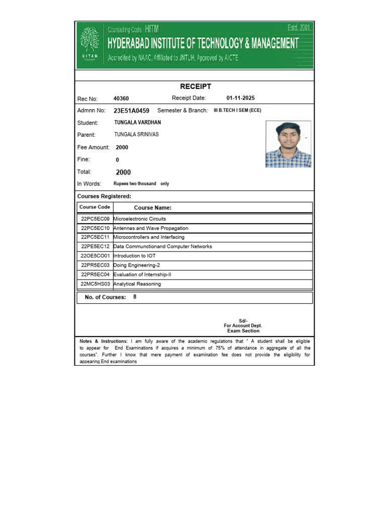 B.Tech ECE Semester Fee Receipt 2025 | PDF
