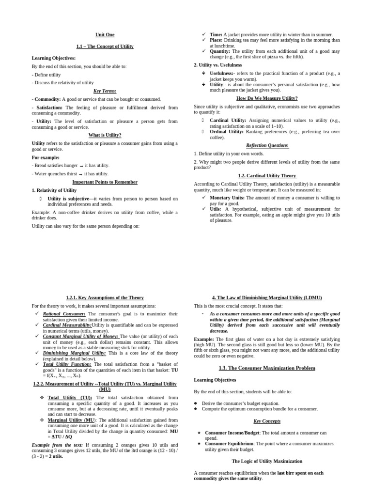Grade Nine (10) Economics Handout Unit 1 | PDF | Utility | Marginal Utility