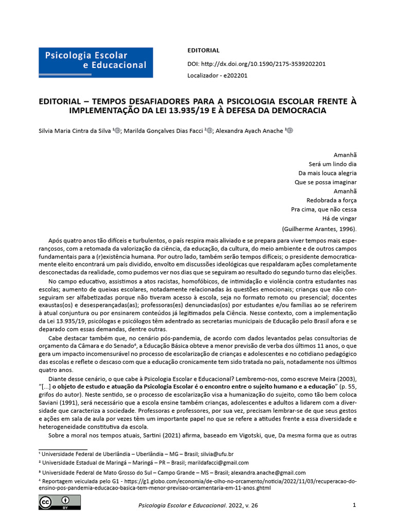 Aula 5 - TEMPOS DESAFIADORES PARA A PSICOLOGIA ESCOLAR FRENTE AÌ IMPLEMENTACÌ§AÌ O DA LEI 13.935 ...