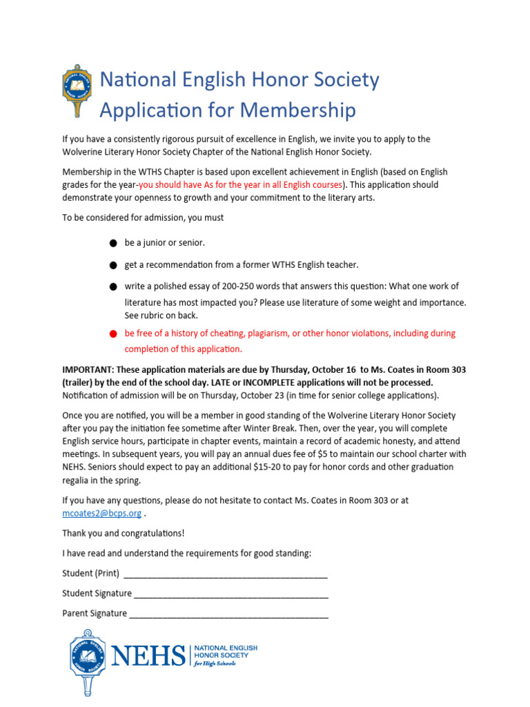 National English Honors Society Application For Membership | PDF ...