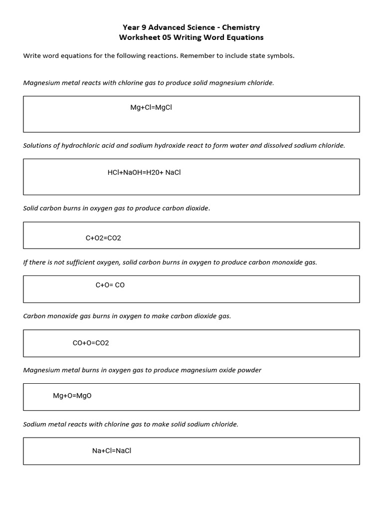 Word Equations for Year 9 Chemistry | PDF