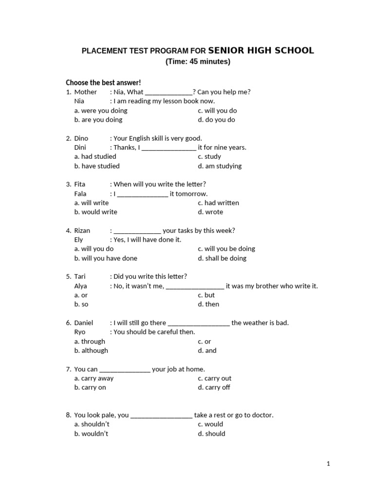 Senior High School Placement Test | PDF