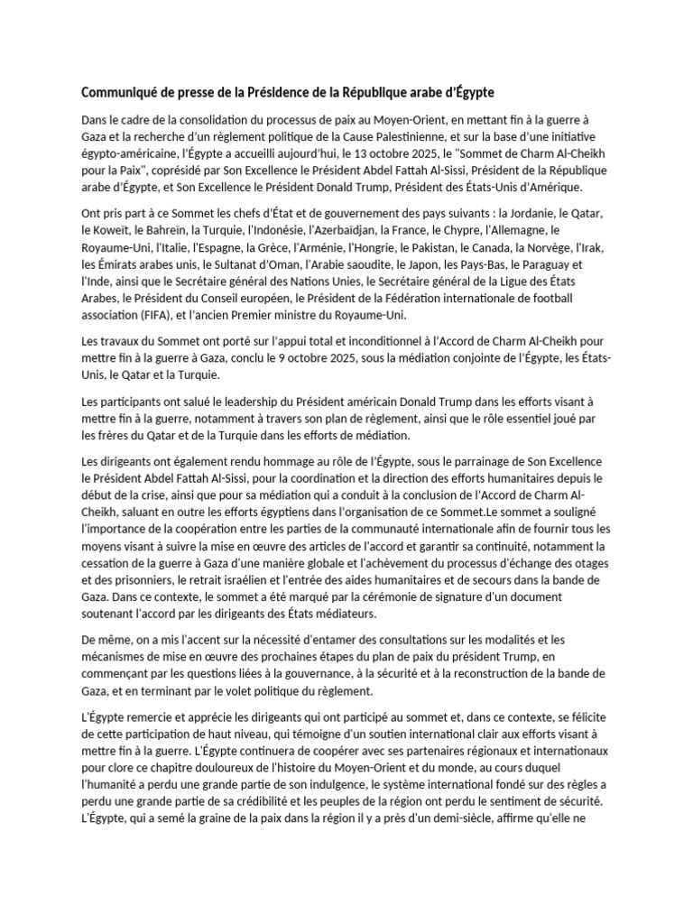 Sommet de Charm Al-Cheikh pour la Paix | PDF | Politique mondiale ...
