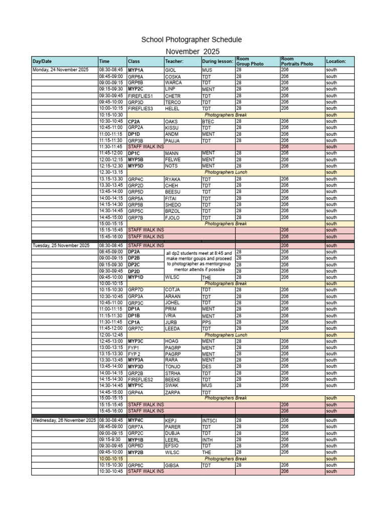 School Photographer Schedule 2025-2026 November 2025 | PDF