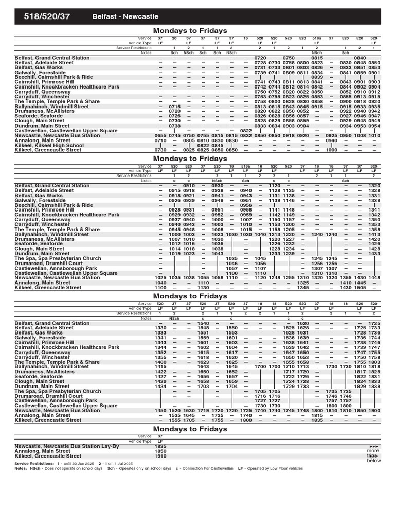 Timetable - Ulsterbus - 20 - Belfast - Newcastle - 02-September-2024-31 ...