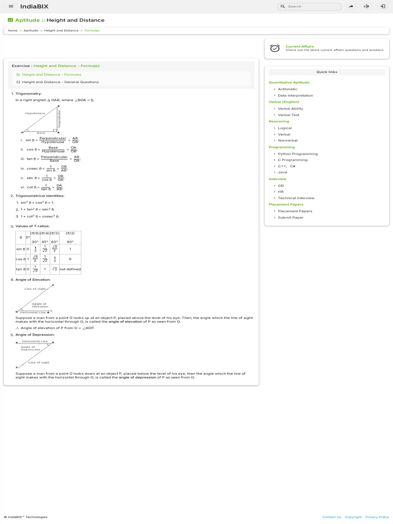 Height and Distance Formulas Guide | PDF | Trigonometry | Trigonometric ...