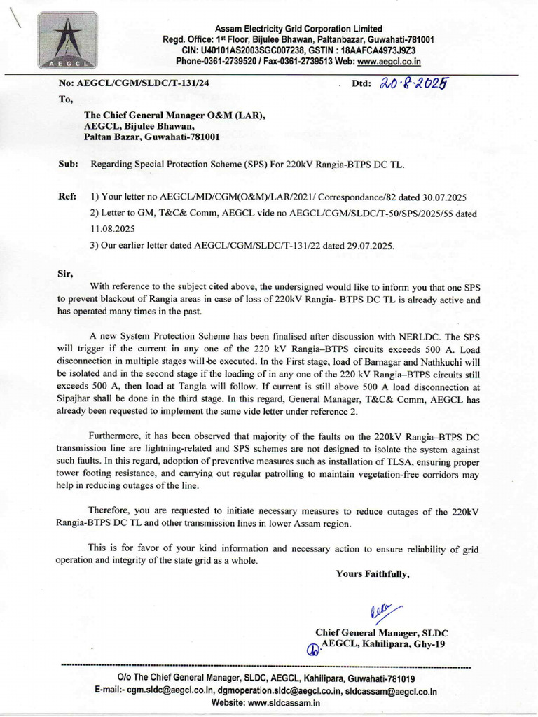 Letter to Cgm o&m Lar Reg Rangia Btps Sps | PDF