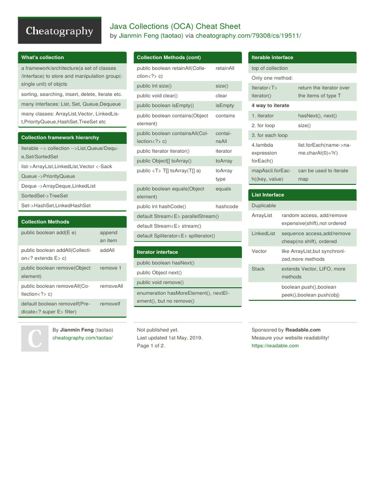 Java Collections Cheat Sheet | PDF | Algorithms And Data Structures | Computer Programming