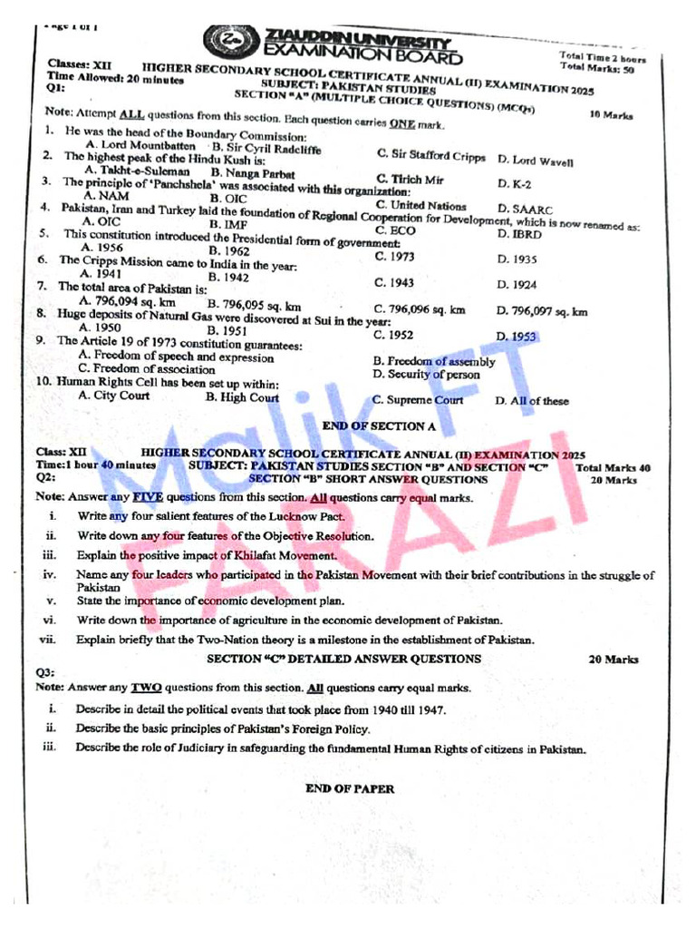 Xii PST (Paper 2) Solved by Malik FT Farazi | PDF