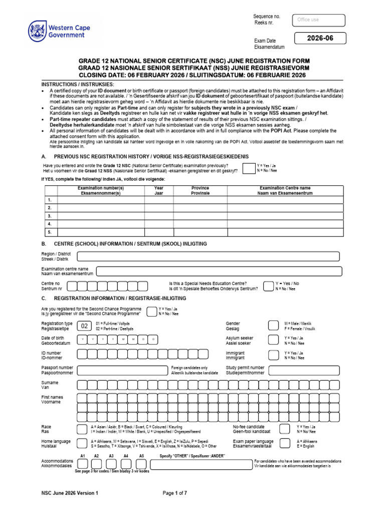 Grade 12 NSC June 2026 Registration Form | PDF | Attention Deficit ...
