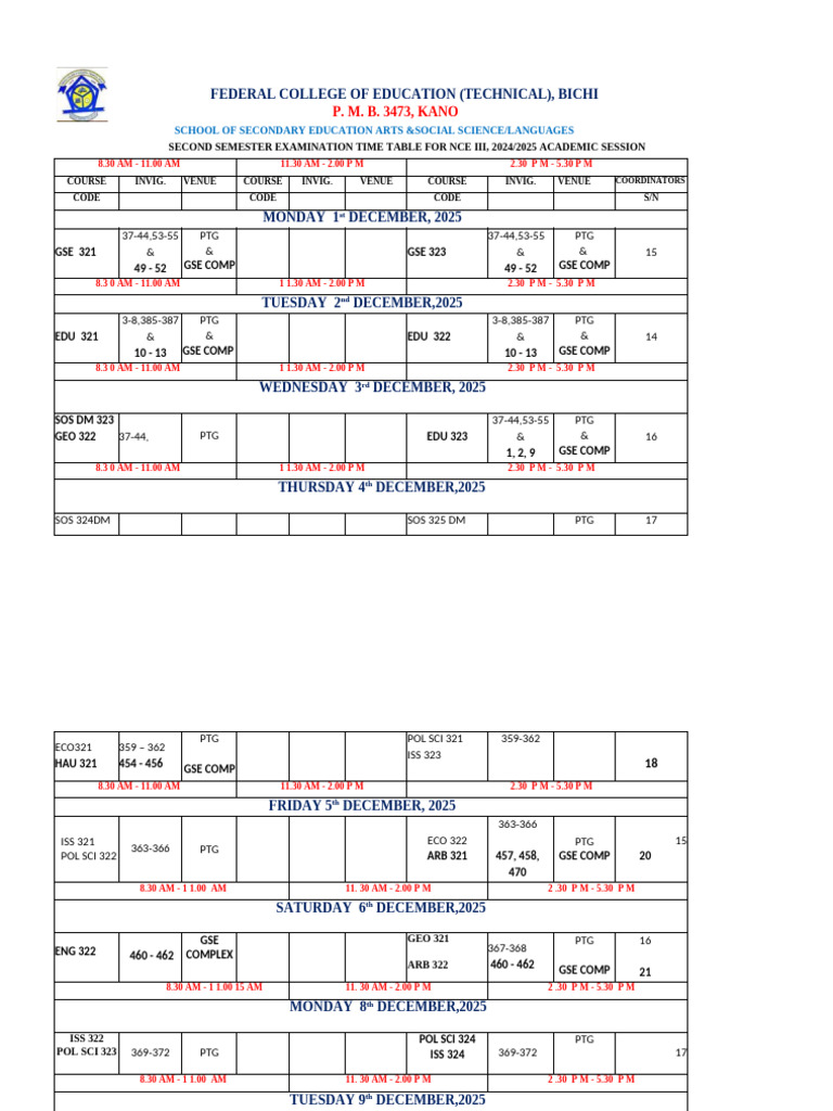 General Exam Timetable. For Second Semester Nce 3 2024-2025 | PDF