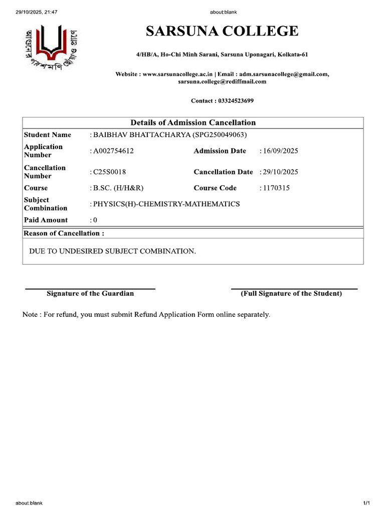 Cancelled Admission Form | PDF