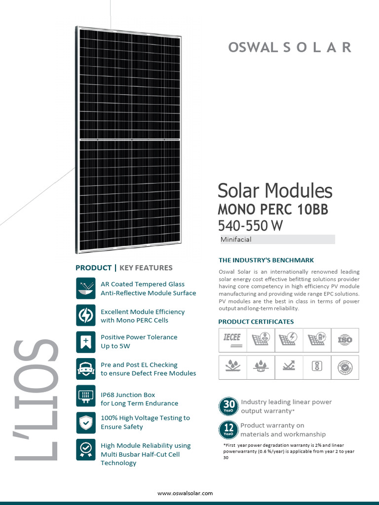 Oswal Mono Facial Datasheet | PDF | Solar Panel | Photovoltaics