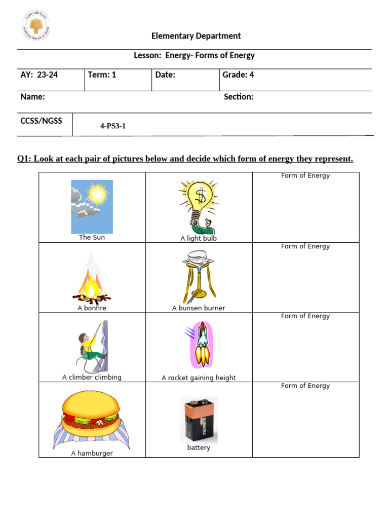 Energy Forms Lesson for Grade 4 | PDF