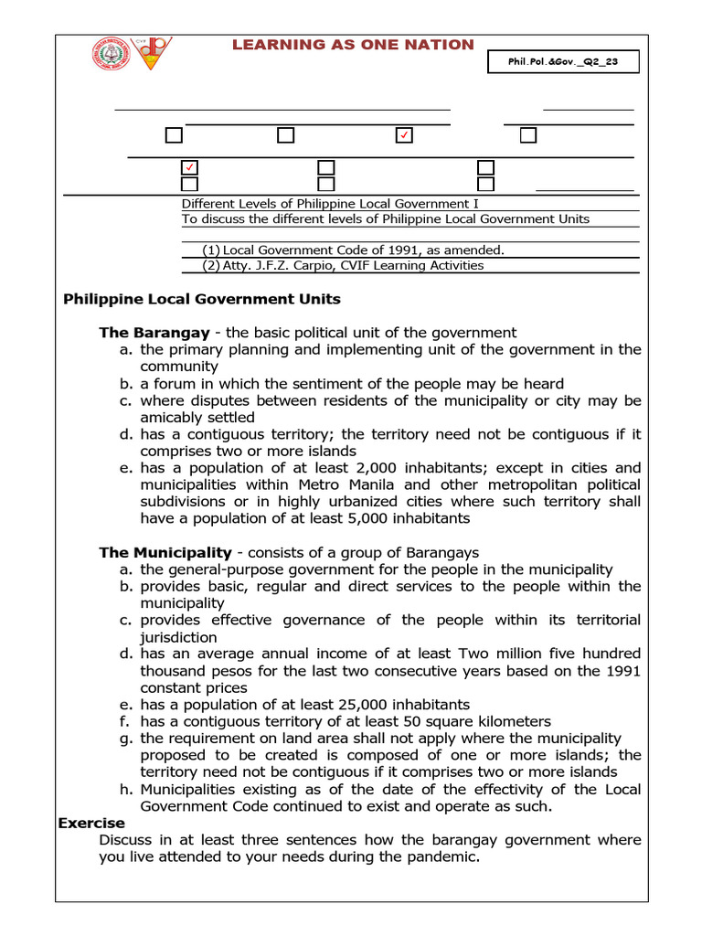 PolGov LAS 23 Different Levels of Philippine Local Government I | PDF | Government | Philippines