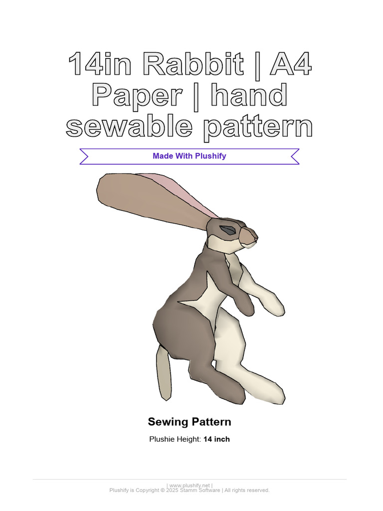 14in Rabbit - A4 Paper - Hand Sewable Pattern - Print - Plushify | PDF