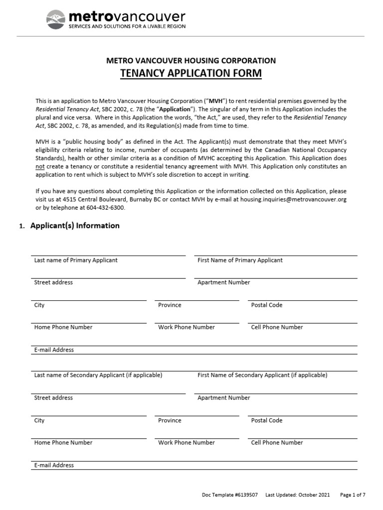 Metro Vancouver Tenancy Application Form | PDF | Landlord | Lease