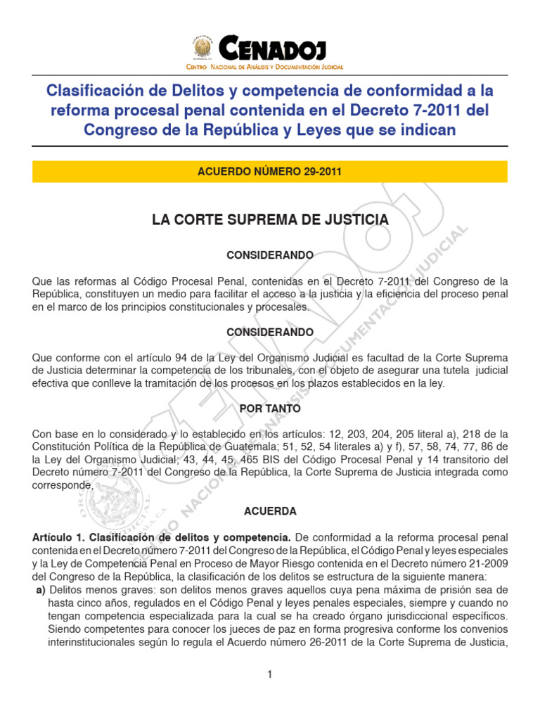 Acuerdo Csj 29-2011 Competencia de Los Jueces Unipersonales y Tribunales de Sentencia y de Mayor ...