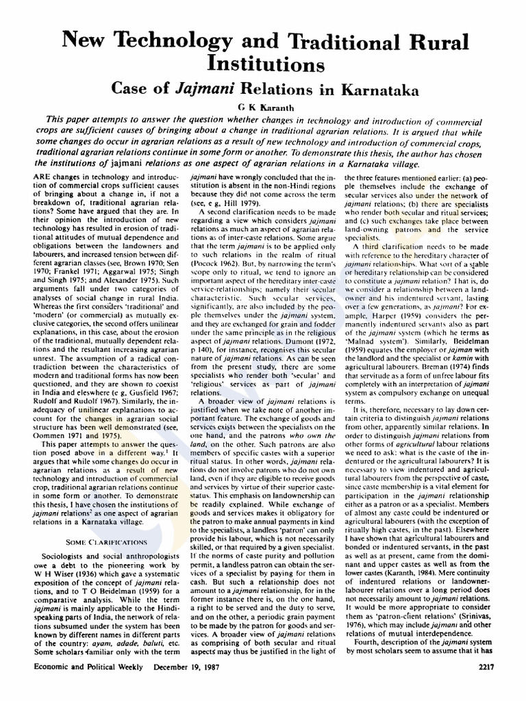 Impact of Technology on Jajmani Relations | PDF | Caste