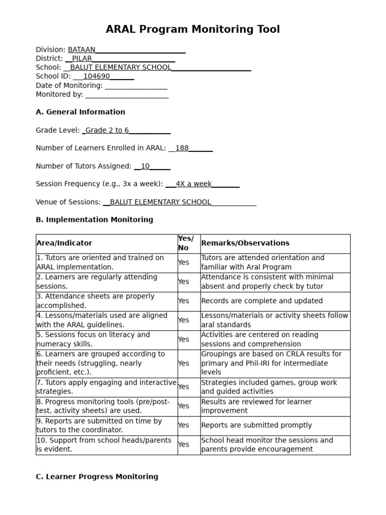 Grade 2 ARAL Program Monitoring Tool 2025 | PDF | Reading Comprehension | Applied Linguistics