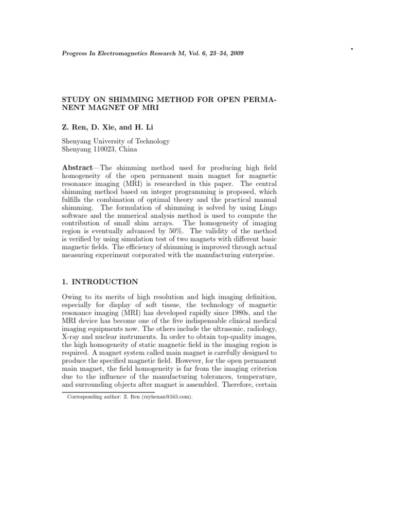 Shimming Method Open Permanent Magnet (2009) | PDF | Medical Imaging | Magnetic Resonance Imaging