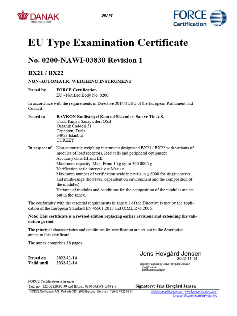 EU Type Examination Certificate No. 0200-NAWI-03830 Revision 1 | PDF